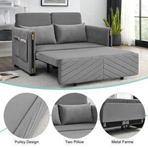 CALABASH Sofa Bed,Pull Out Couch Bed Sleeper Sofa,54" Modern Convertible Velvet Loveseat with 2 Pillows and Side Pockets, Small Love seat Sofa Bed w/Headboard for Living Room, Apartment (Grey)