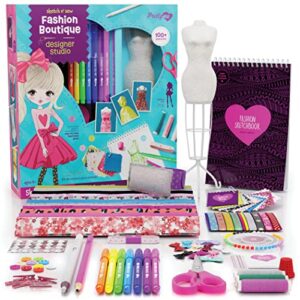 Fashion Design Studio - Sewing Kit for Kids - Girls Arts & Crafts Kits Age 6, 7, 8, 9, 10-12 - Learn to Sketch & Sew with Real Designer Sketchbook - Kid Art Project Gift - Girl Craft Activities Gifts