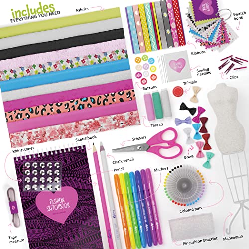 Fashion Design Studio - Sewing Kit for Kids - Girls Arts & Crafts Kits Age 6, 7, 8, 9, 10-12 - Learn to Sketch & Sew with Real Designer Sketchbook - Kid Art Project Gift - Girl Craft Activities Gifts