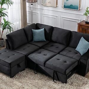 Merax Sofa Bed Sleeper Couch L Shaped Sofa with Storage Ottoman, L-Shape Sectional Couch with Comfortable backrest for Living Room and Small Apartment (Black)