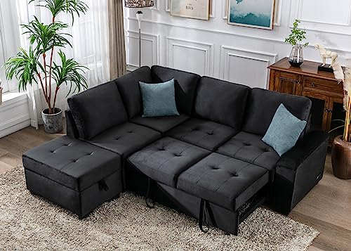 Merax Sofa Bed Sleeper Couch L Shaped Sofa with Storage Ottoman, L-Shape Sectional Couch with Comfortable backrest for Living Room and Small Apartment (Black)