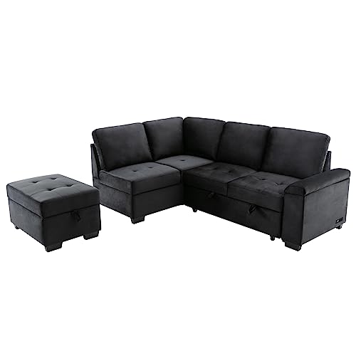 Merax Sofa Bed Sleeper Couch L Shaped Sofa with Storage Ottoman, L-Shape Sectional Couch with Comfortable backrest for Living Room and Small Apartment (Black)