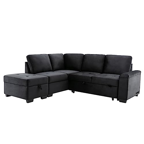 Merax Sofa Bed Sleeper Couch L Shaped Sofa with Storage Ottoman, L-Shape Sectional Couch with Comfortable backrest for Living Room and Small Apartment (Black)