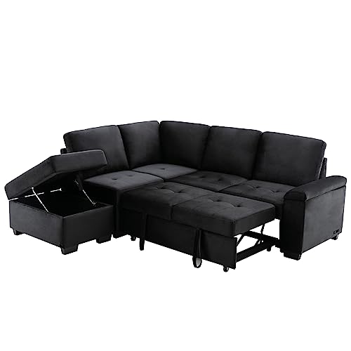 Merax Sofa Bed Sleeper Couch L Shaped Sofa with Storage Ottoman, L-Shape Sectional Couch with Comfortable backrest for Living Room and Small Apartment (Black)