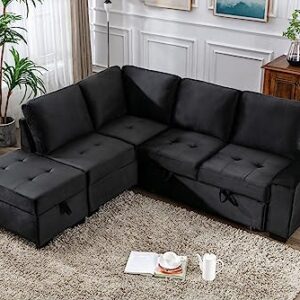 Merax Sofa Bed Sleeper Couch L Shaped Sofa with Storage Ottoman, L-Shape Sectional Couch with Comfortable backrest for Living Room and Small Apartment (Black)