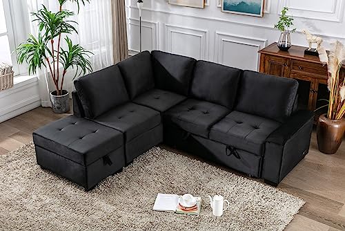 Merax Sofa Bed Sleeper Couch L Shaped Sofa with Storage Ottoman, L-Shape Sectional Couch with Comfortable backrest for Living Room and Small Apartment (Black)