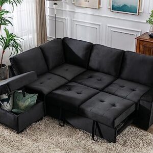 Merax Sofa Bed Sleeper Couch L Shaped Sofa with Storage Ottoman, L-Shape Sectional Couch with Comfortable backrest for Living Room and Small Apartment (Black)