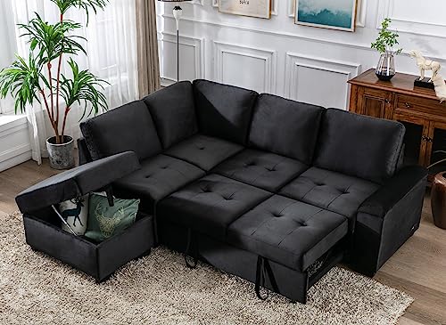 Merax Sofa Bed Sleeper Couch L Shaped Sofa with Storage Ottoman, L-Shape Sectional Couch with Comfortable backrest for Living Room and Small Apartment (Black)