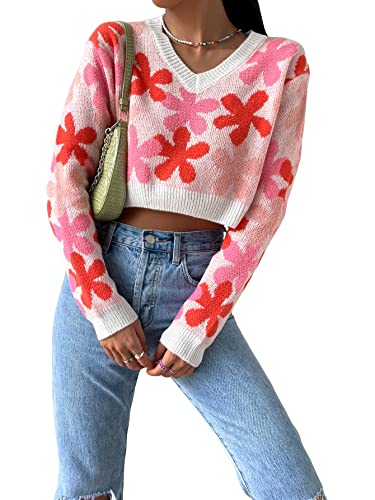 Floerns Women's Casual Rib Knit Long Sleeve V Neck Floral Pattern Drop Shoulder Crop Sweater Top Pink S