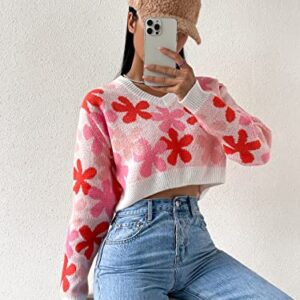 Floerns Women's Casual Rib Knit Long Sleeve V Neck Floral Pattern Drop Shoulder Crop Sweater Top Pink S