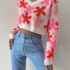 Floerns Women's Casual Rib Knit Long Sleeve V Neck Floral Pattern Drop Shoulder Crop Sweater Top Pink S