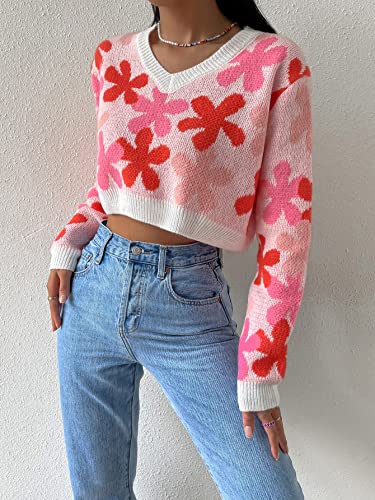 Floerns Women's Casual Rib Knit Long Sleeve V Neck Floral Pattern Drop Shoulder Crop Sweater Top Pink S