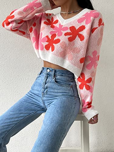 Floerns Women's Casual Rib Knit Long Sleeve V Neck Floral Pattern Drop Shoulder Crop Sweater Top Pink S