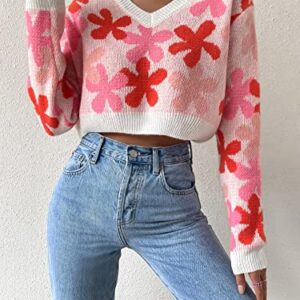 Floerns Women's Casual Rib Knit Long Sleeve V Neck Floral Pattern Drop Shoulder Crop Sweater Top Pink S