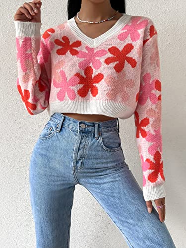 Floerns Women's Casual Rib Knit Long Sleeve V Neck Floral Pattern Drop Shoulder Crop Sweater Top Pink S