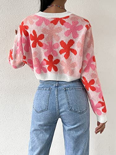 Floerns Women's Casual Rib Knit Long Sleeve V Neck Floral Pattern Drop Shoulder Crop Sweater Top Pink S