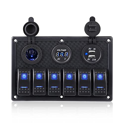 WATERWICH 6 Gang Marine Boat Car Rocker Switch Panel with Led Digital Voltmeter Dual USB Charger Cigarette Power Socket 5 Pin on/Off Switch for RV Vehicle Truck with Night Glow Stickers