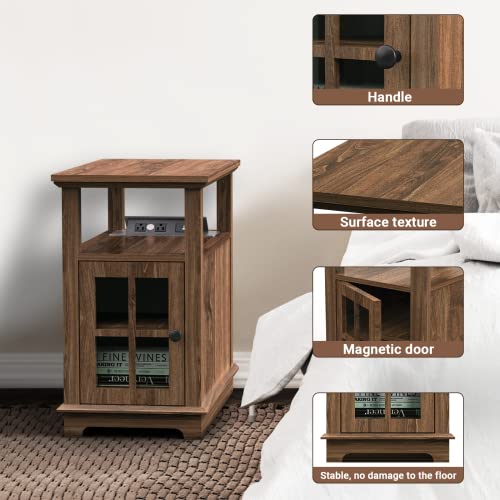 HIFYOBRO End Table with Charging Station, Side Table with Semi-Open Storage, Bedside Table with 2 Power outlets & 2 USB Ports, Wooden Nightstand Cabinet for Sofa Side