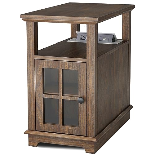 HIFYOBRO End Table with Charging Station, Side Table with Semi-Open Storage, Bedside Table with 2 Power outlets & 2 USB Ports, Wooden Nightstand Cabinet for Sofa Side