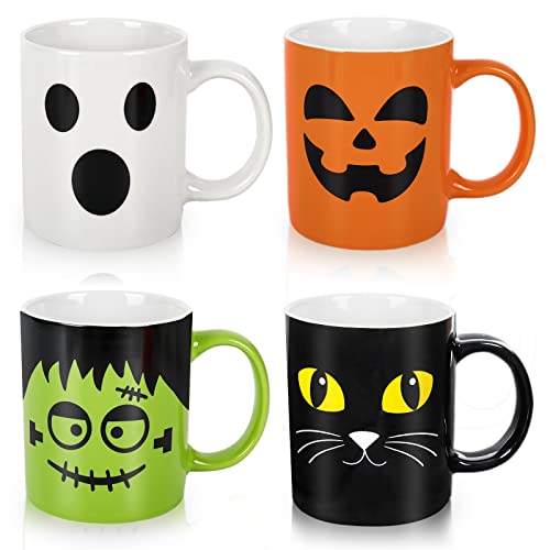 Whaline 4Pcs Halloween Mug Set 12oz Pumpkin Cat Monster Ghost Holiday Coffee Mug Halloween Ceramic Matching Mugs for Home School Office Table Centerpieces Housewarming Gift