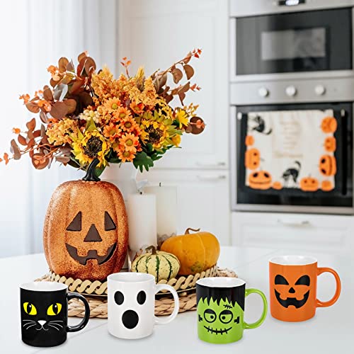 Whaline 4Pcs Halloween Mug Set 12oz Pumpkin Cat Monster Ghost Holiday Coffee Mug Halloween Ceramic Matching Mugs for Home School Office Table Centerpieces Housewarming Gift