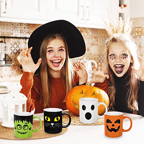 Whaline 4Pcs Halloween Mug Set 12oz Pumpkin Cat Monster Ghost Holiday Coffee Mug Halloween Ceramic Matching Mugs for Home School Office Table Centerpieces Housewarming Gift