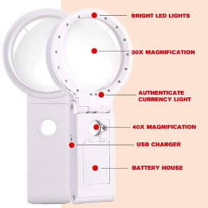 Dicfeos 30X 40X Magnifying Glass with Light and Stand, Folding Design 18 LED Illuminated Magnifying Glass for Close Work, Large Magnifying Glasses for Reading, Powered by Battery or USB(White)