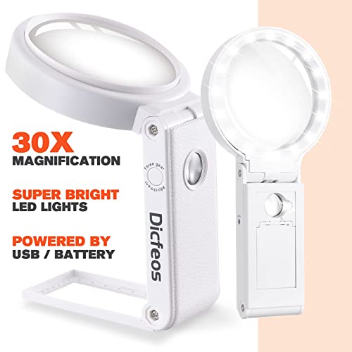 Dicfeos 30X 40X Magnifying Glass with Light and Stand, Folding Design 18 LED Illuminated Magnifying Glass for Close Work, Large Magnifying Glasses for Reading, Powered by Battery or USB(White)