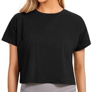 CRZ YOGA Women's Pima Cotton Workout Short Sleeve Shirts Loose Crop Tops Athletic Gym Shirt Casual Cropped T-Shirt Black Small