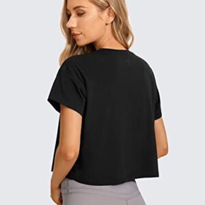 CRZ YOGA Women's Pima Cotton Workout Short Sleeve Shirts Loose Crop Tops Athletic Gym Shirt Casual Cropped T-Shirt Black Small