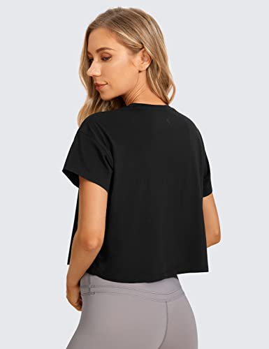 CRZ YOGA Women's Pima Cotton Workout Short Sleeve Shirts Loose Crop Tops Athletic Gym Shirt Casual Cropped T-Shirt Black Small