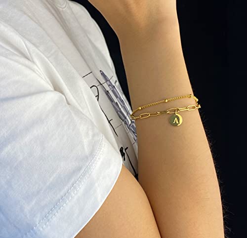 JoycuFF Gold Bracelets for Women 118K Gold Plated Coin Initial Beaded Chain Layered Charm Bracelets Unique Valetien's Day Wedding Gifts for Girlfriend Wife Fiancee Jewelry for Her Letter A