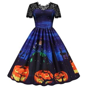 qufech halloween costumes for women, alice in wonderland costume adult women black cat costume 4x women's casual print v-neck zip short sleeve lace panel swing dress short dress (xxl, blue)