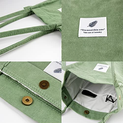 TOPASION Corduroy Tote Bag Cute Tote Bags for Women Shoulder Bag with Inner Pocket for Work Beach Travel and Shopping Grocery (Matcha Green)