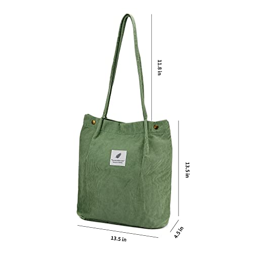 TOPASION Corduroy Tote Bag Cute Tote Bags for Women Shoulder Bag with Inner Pocket for Work Beach Travel and Shopping Grocery (Matcha Green)