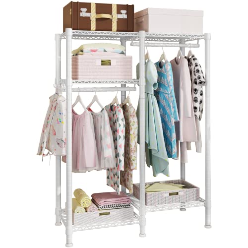 Ulif F1 Garment Rack for Kids, Baby, Students, and Children's Room, 4 Tiers Freestanding and Portable Heavy Duty Closets, Small Metal Clothes Rack with 2 Hanging Rod, 31.2”W x 11.8”D x 48”H, White