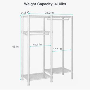 Ulif F1 Garment Rack for Kids, Baby, Students, and Children's Room, 4 Tiers Freestanding and Portable Heavy Duty Closets, Small Metal Clothes Rack with 2 Hanging Rod, 31.2”W x 11.8”D x 48”H, White