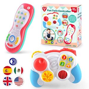 baby controller toy - bilingual spanish & english learning toys, pretend video game controller & tv remote combo with music and light, christmas birthday gift for infants toddlers 12+ months