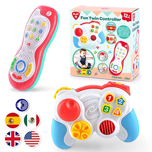 Baby Controller Toy - Bilingual Spanish & English Learning Toys, Pretend Video Game Controller & TV Remote Combo with Music and Light, Christmas Birthday Gift for Infants Toddlers 12+ Months