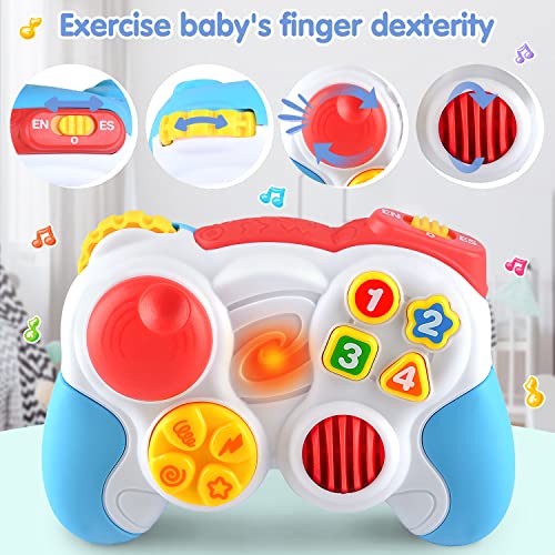 Baby Controller Toy - Bilingual Spanish & English Learning Toys, Pretend Video Game Controller & TV Remote Combo with Music and Light, Christmas Birthday Gift for Infants Toddlers 12+ Months