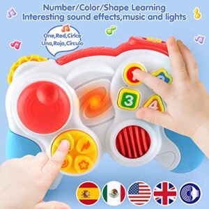 Baby Controller Toy - Bilingual Spanish & English Learning Toys, Pretend Video Game Controller & TV Remote Combo with Music and Light, Christmas Birthday Gift for Infants Toddlers 12+ Months