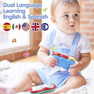 Baby Controller Toy - Bilingual Spanish & English Learning Toys, Pretend Video Game Controller & TV Remote Combo with Music and Light, Christmas Birthday Gift for Infants Toddlers 12+ Months