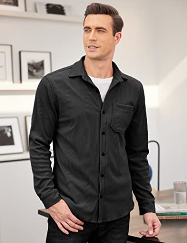 COOFANDY Men's Corduroy Casual Shirts Long Sleeve Button Down Outdoor Light Jackets Black