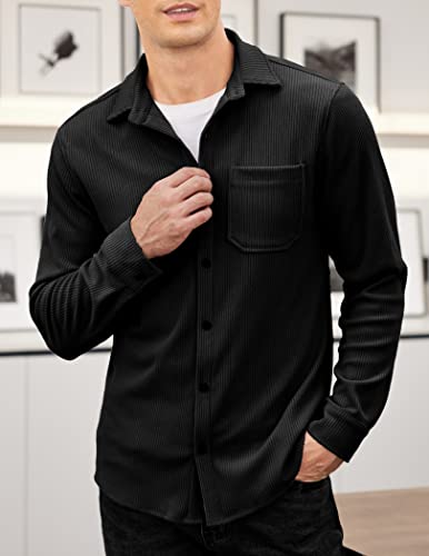 COOFANDY Men's Corduroy Casual Shirts Long Sleeve Button Down Outdoor Light Jackets Black