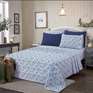 Cotton Alley-144 TC Queen Sheets - 100% Cotton 6 Pcs Sheets for Queen Size Bed, 1 Fitted Sheet, 1 Flat Sheet and 4 Pillowcases, Bed Sheets Queen Set Fitted Up to 16" Mattress,(Bloomig Flower)