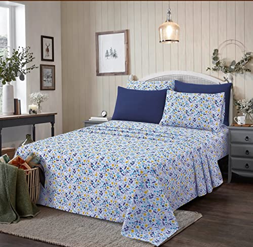 Cotton Alley-144 TC Queen Sheets - 100% Cotton 6 Pcs Sheets for Queen Size Bed, 1 Fitted Sheet, 1 Flat Sheet and 4 Pillowcases, Bed Sheets Queen Set Fitted Up to 16" Mattress,(Bloomig Flower)