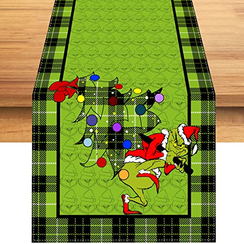 Rvsticty Linen Grinch Table Runner Merry Grinchmas Tablecloth Winter Xmas Christmas Decorations and Supplies for Home Kitchen Table-13×72''