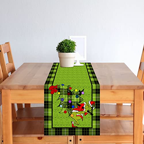 Rvsticty Linen Grinch Table Runner Merry Grinchmas Tablecloth Winter Xmas Christmas Decorations and Supplies for Home Kitchen Table-13×72''