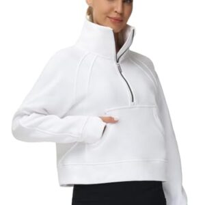 THE GYM PEOPLE Women's Half Zip Pullover Sweatshirt Fleece Stand Collar Crop Sweatshirt with Pockets Thumb Hole White