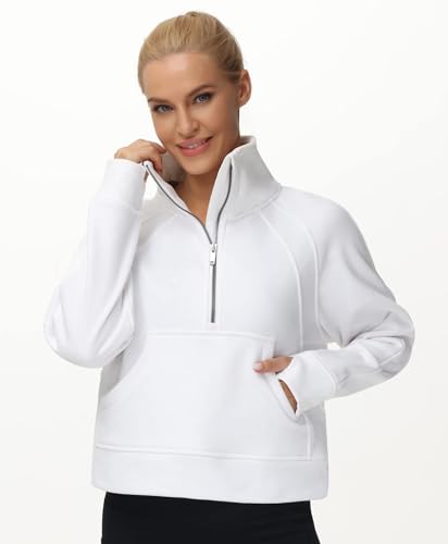 THE GYM PEOPLE Women's Half Zip Pullover Sweatshirt Fleece Stand Collar Crop Sweatshirt with Pockets Thumb Hole White